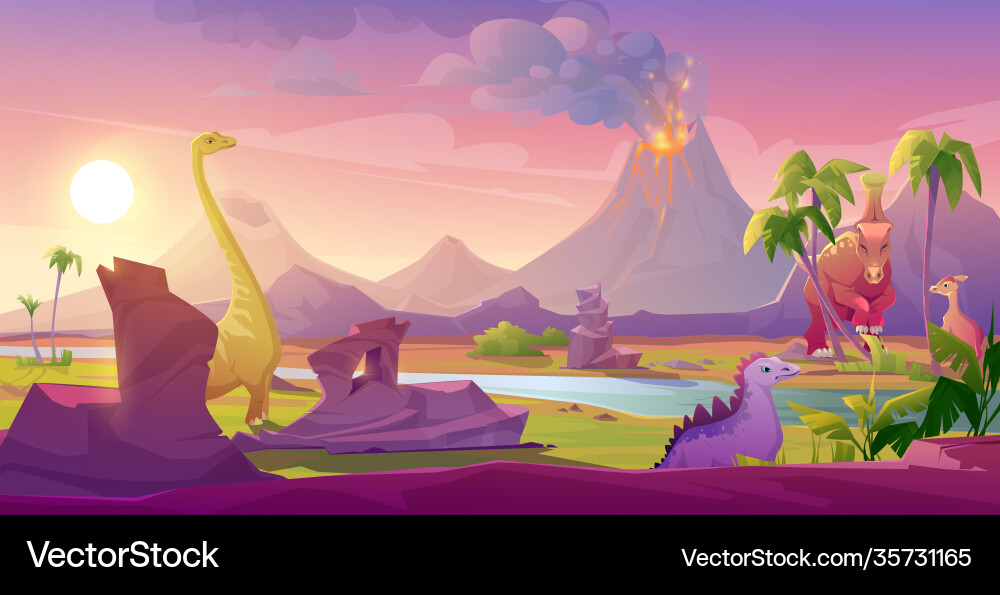 Dinosaurs at erupting volcano tropical landscape Vector Image