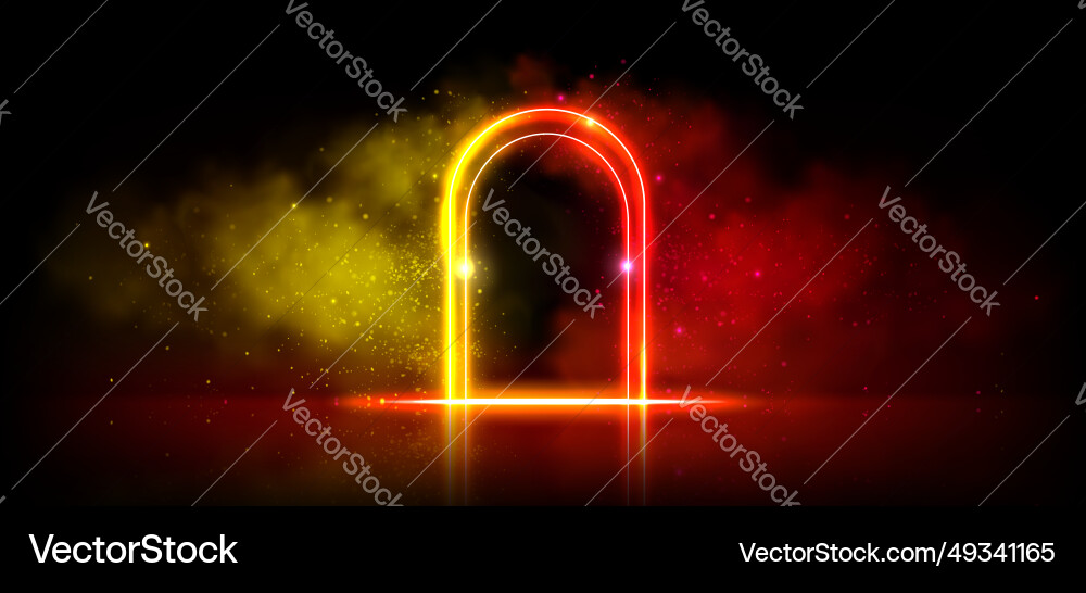 Neon effect arched door frame with luminous steam Vector Image