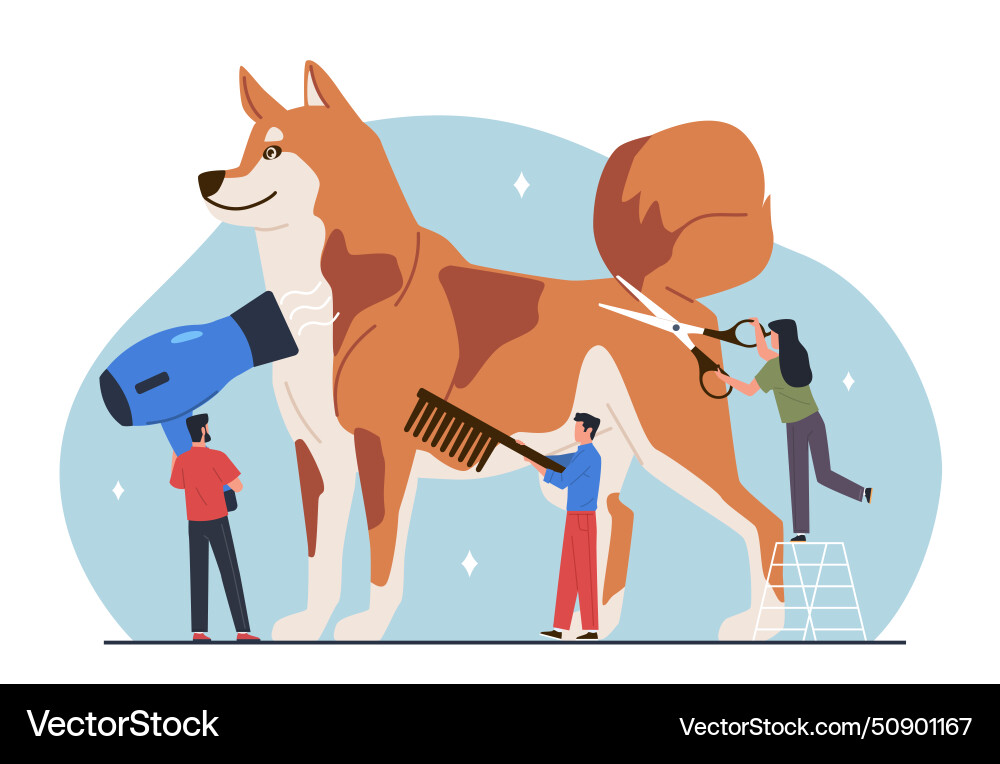 Pet grooming big dog with tiny people groomers Vector Image