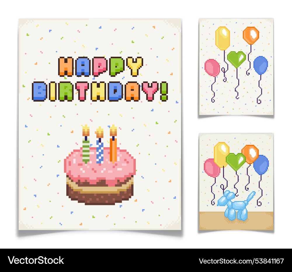 Pixel art birthday cards set 8-bit postcards Vector Image