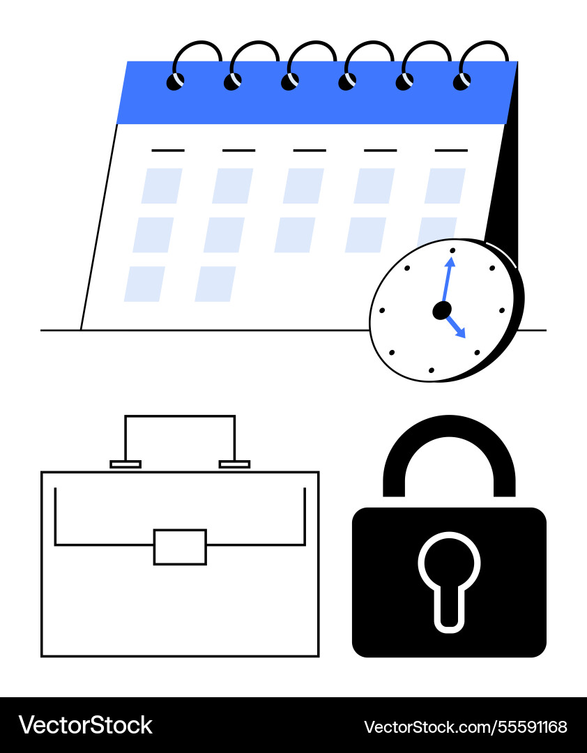 Calendar with clock briefcase and padlock Vector Image