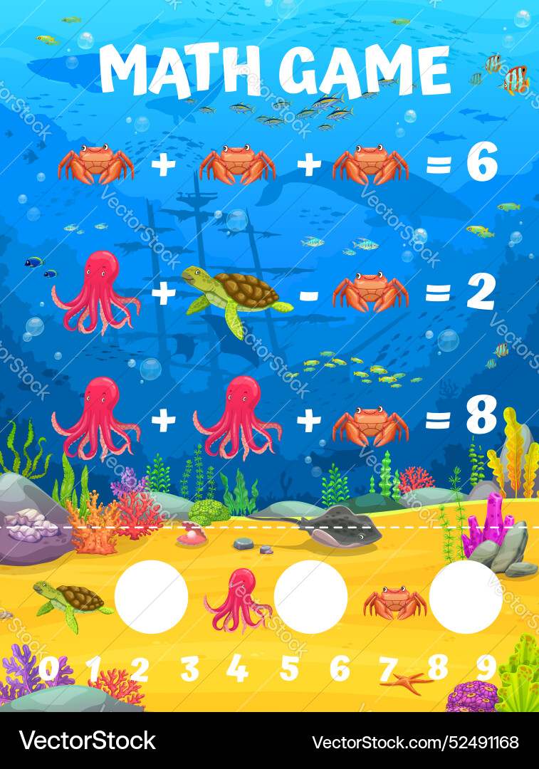 Kids math game underwater landscape and animals Vector Image