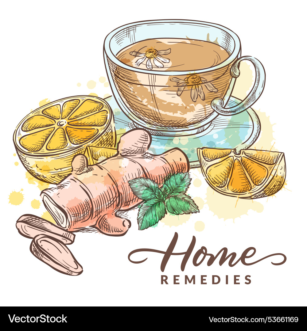 Tea with chamomile lemon ginger and mint home Vector Image