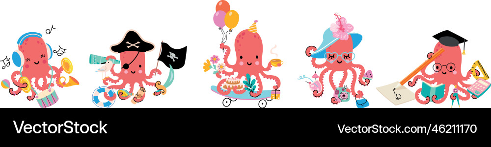 Cartoon octopus multitasking squid Royalty Free Vector Image