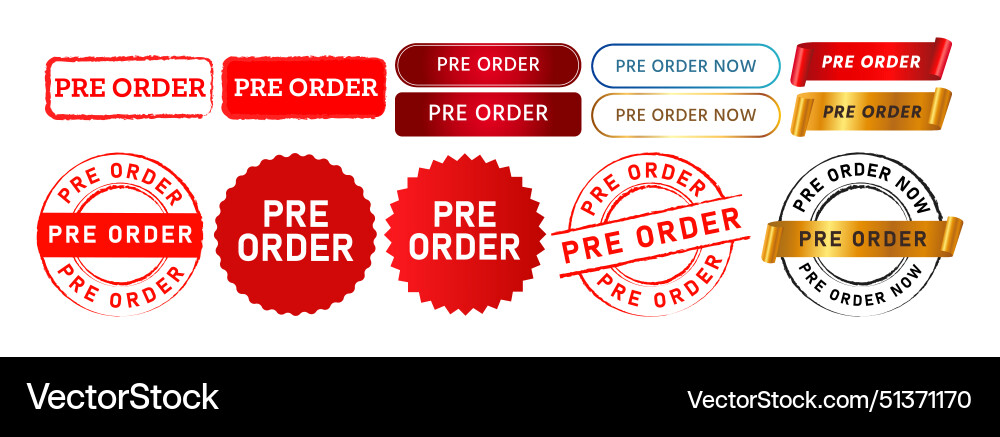 Pre order rubber stamp button ribbon and labels Vector Image