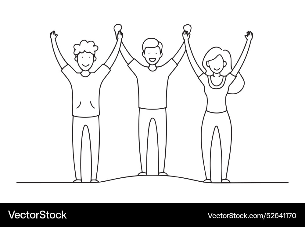 Three individuals enthusiastically raise Vector Image