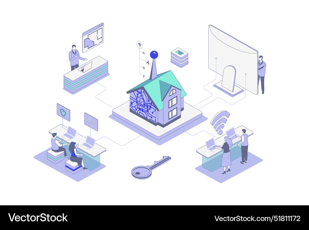 Smart home isometric concept in outline isometry Vector Image