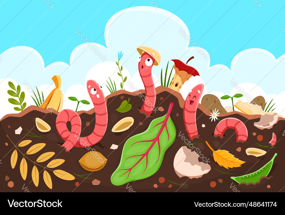 Funny cartoon earth worms in compost soil ground Vector Image