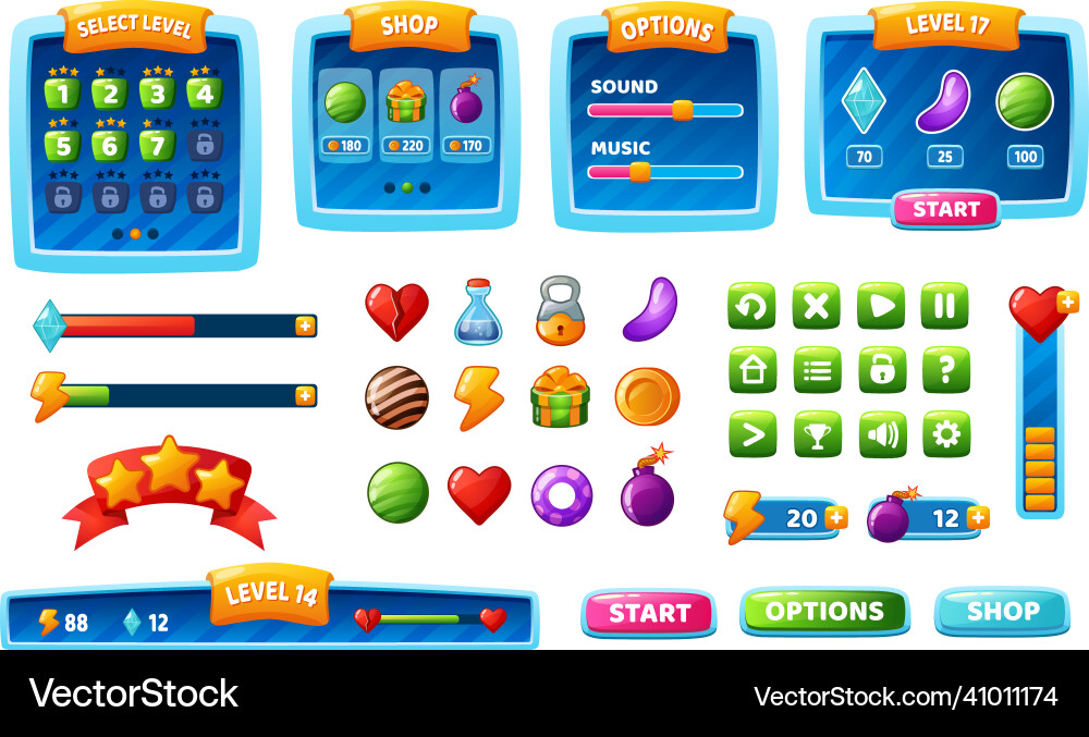 Game ui kit cartoon gaming interface buttons Vector Image