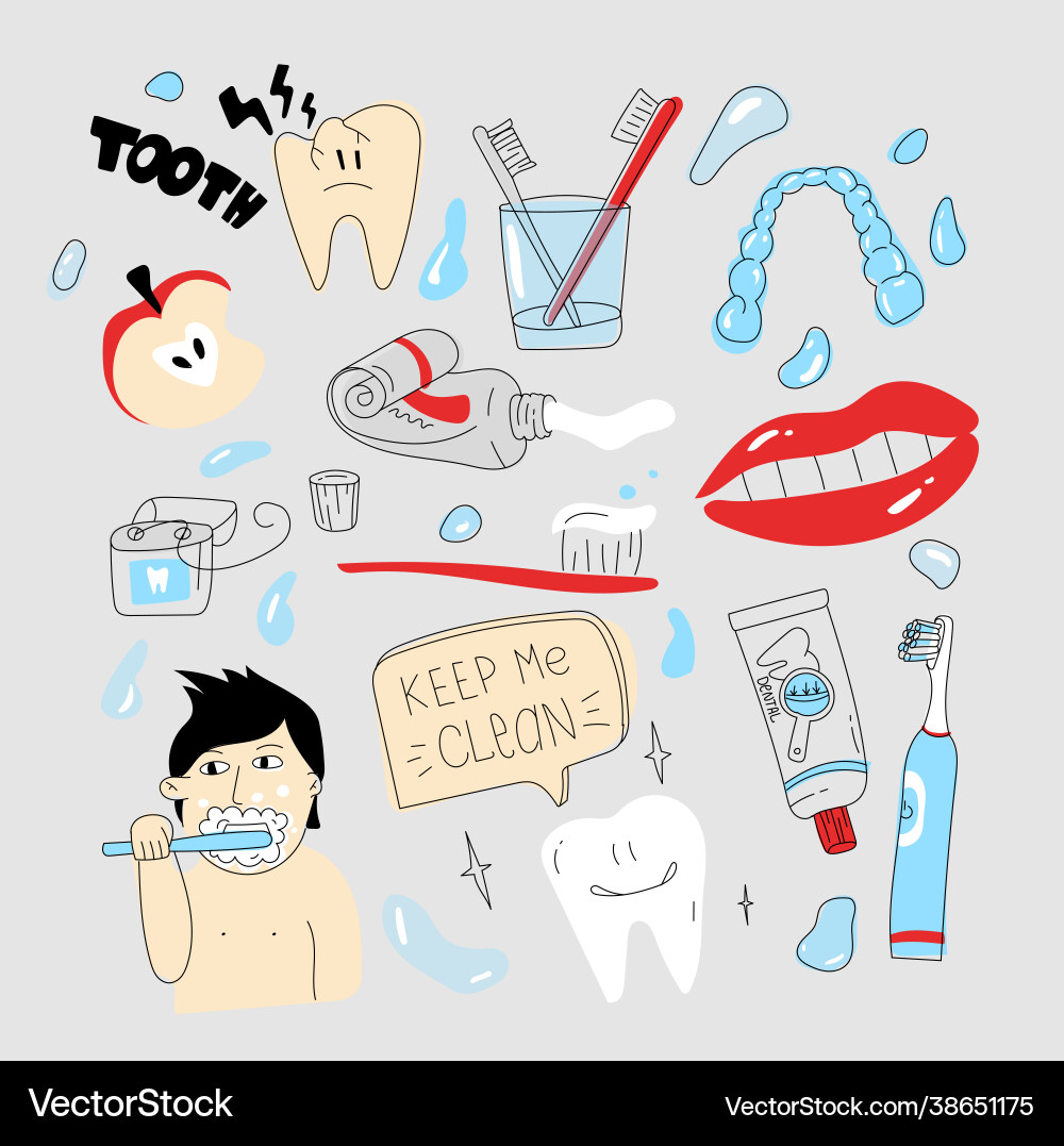 Dental care doodle set simple tooth Royalty Free Vector
