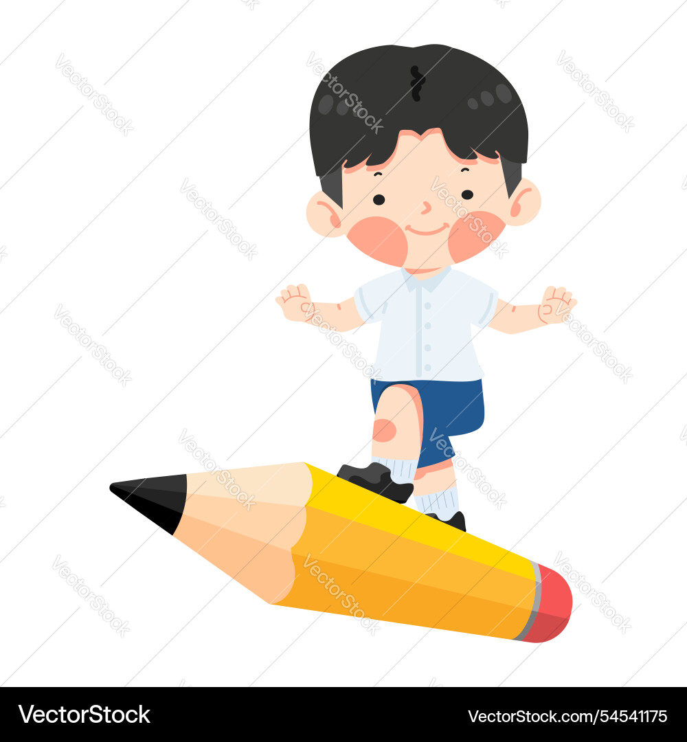 Kid student boy jumping on pencil Royalty Free Vector Image