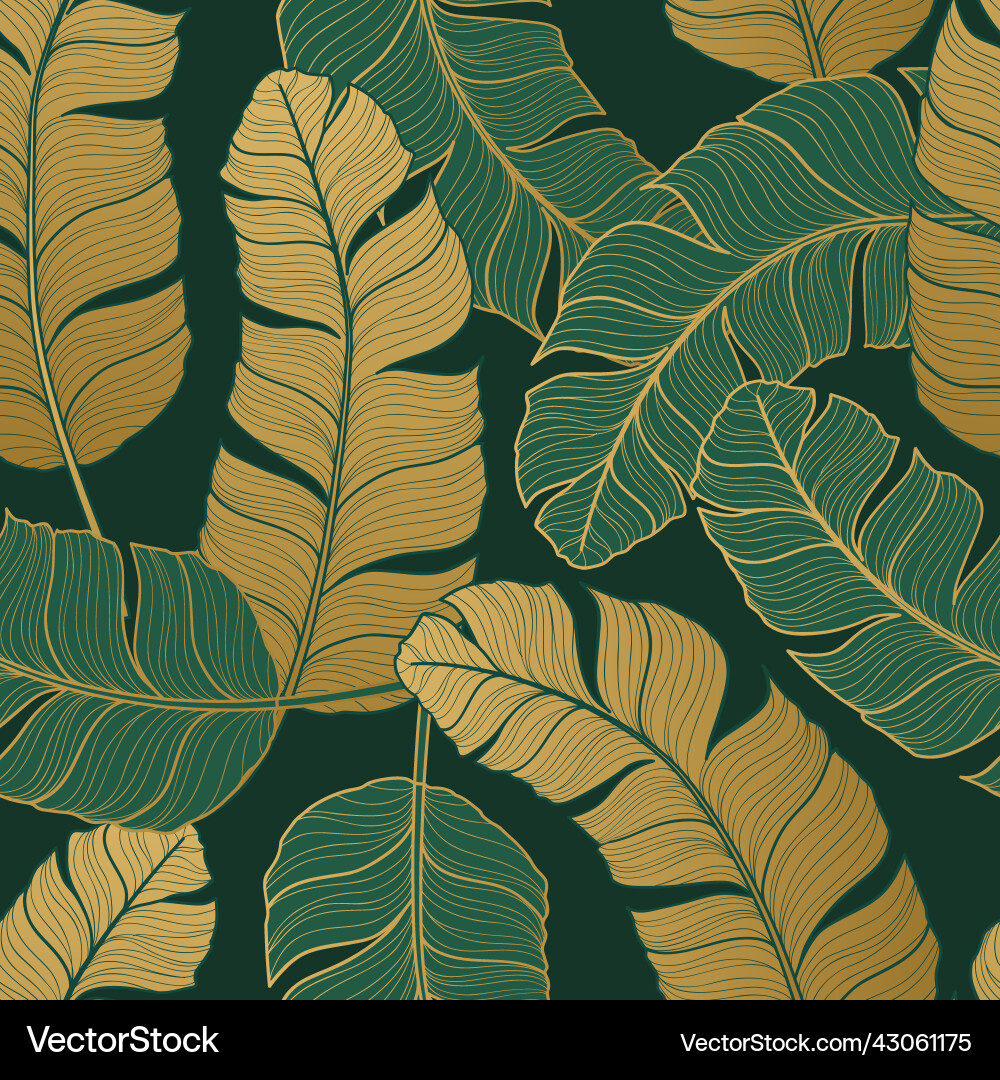 Seamless pattern with gold and green tropic leaves