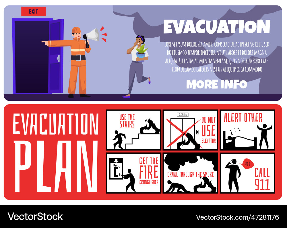 Fire evacuation infographic posters set flat Vector Image