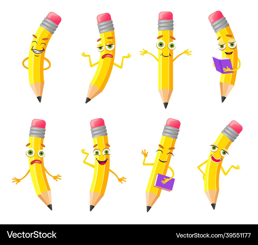 Cute pencil cartoon character set Royalty Free Vector Image