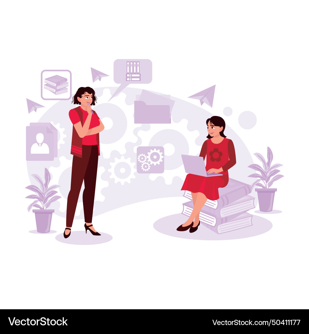 Two female employees are working overtime some Vector Image