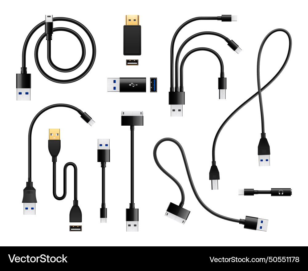 Black usb cables set Royalty Free Vector Image