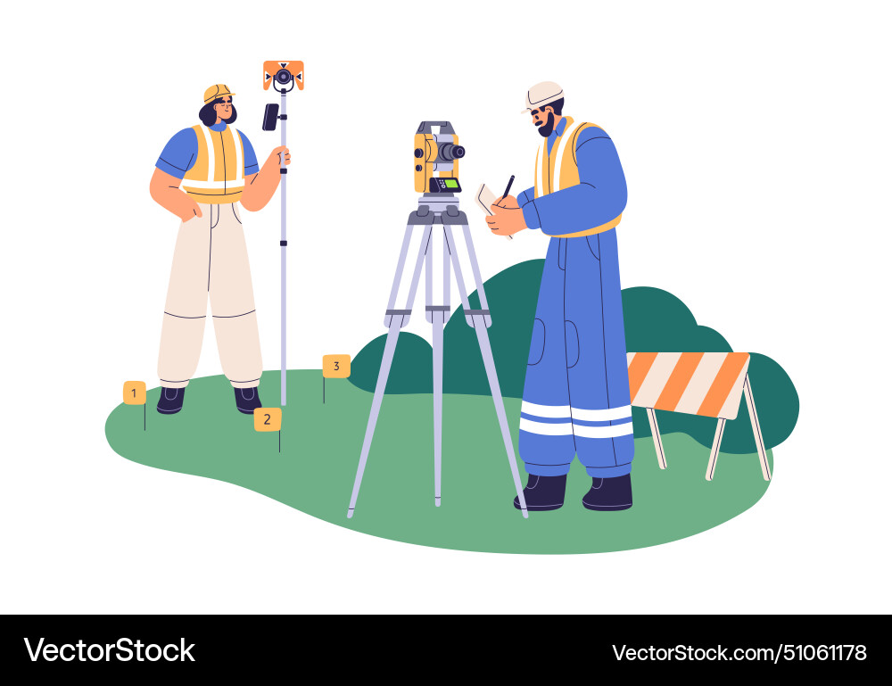 Surveyor engineers work with total station Vector Image