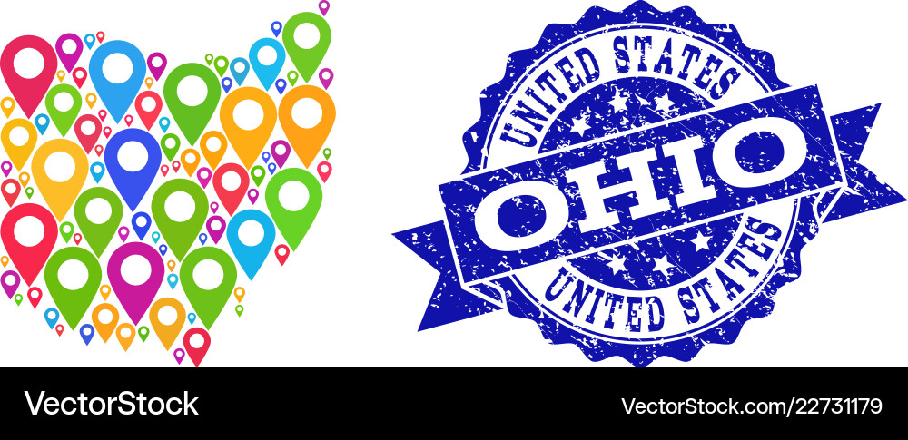 Collage map of ohio state with markers Royalty Free Vector