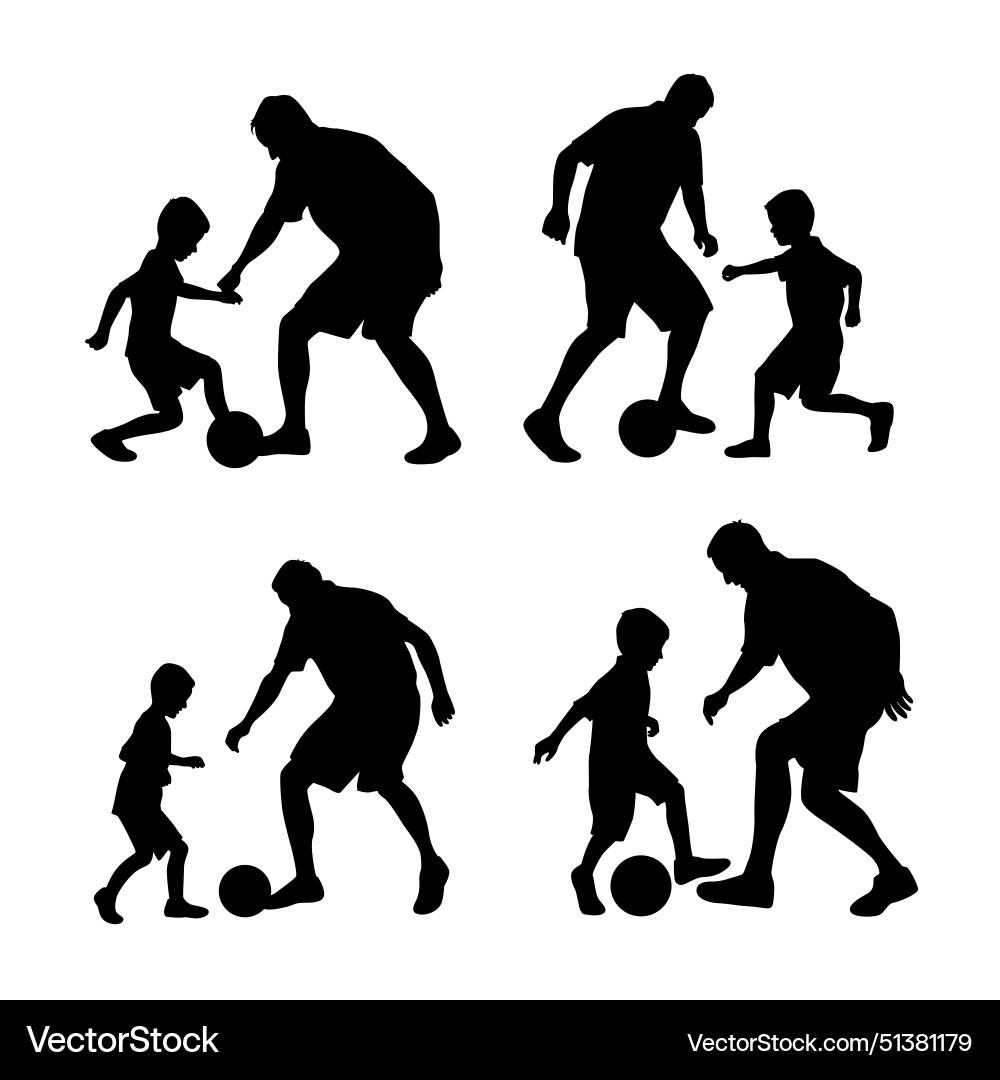 Dad and son playing soccer together Royalty Free Vector