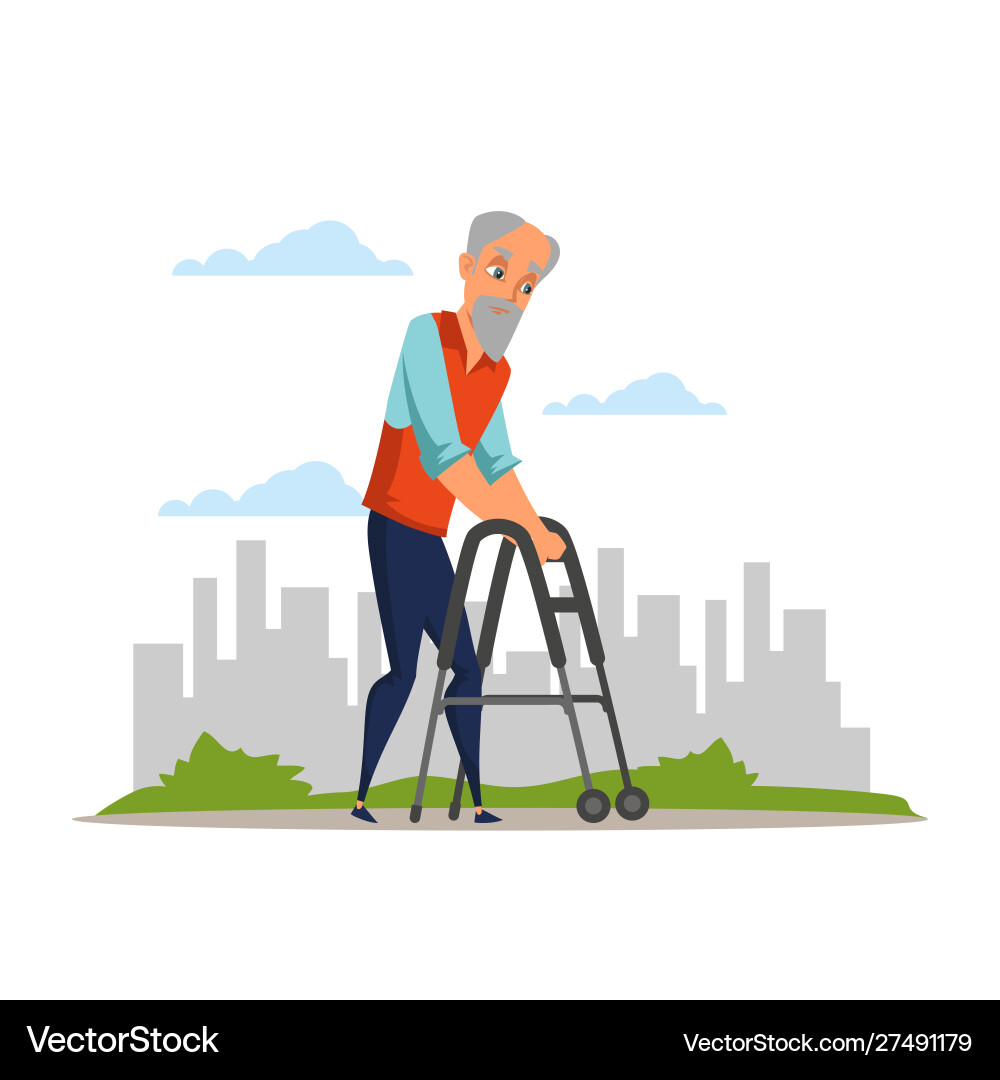 Old man using walkers flat Royalty Free Vector Image