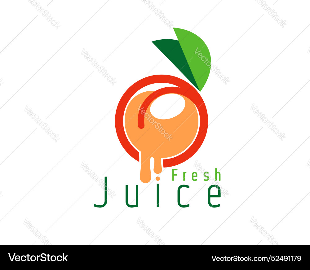 Peach juice icon and fresh fruit drink drops label