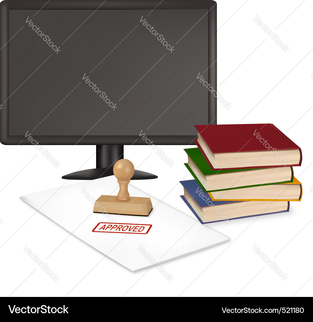 Approved stamp and monitor Royalty Free Vector Image
