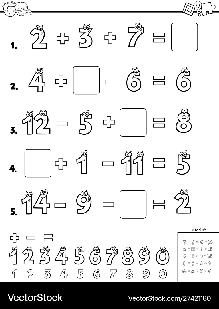 Kids Math Worksheet - Addition & Subtraction Vector Image