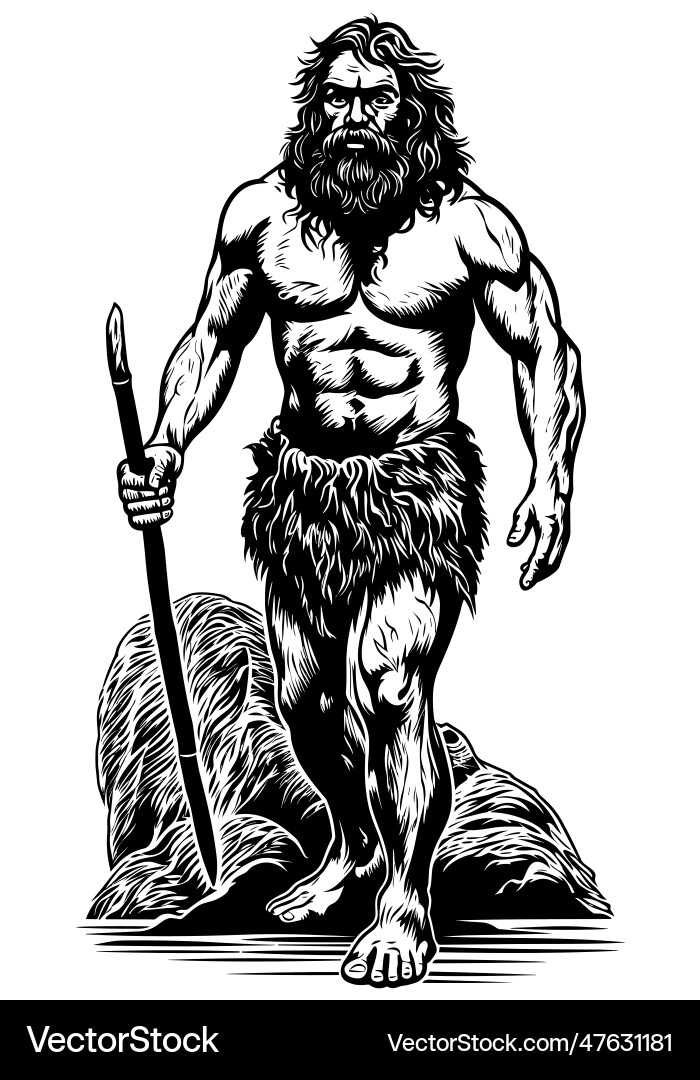Caveman on white linocut Royalty Free Vector Image