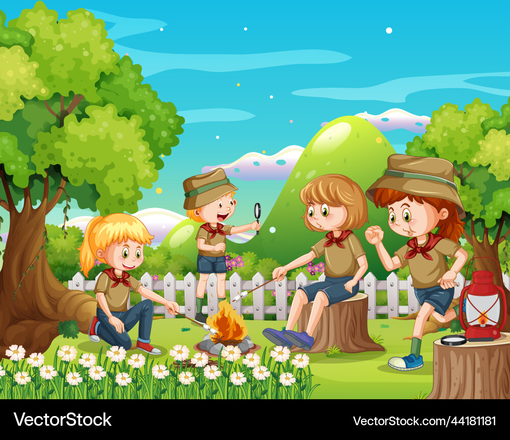 Scout kids doing activity outdoor Royalty Free Vector Image