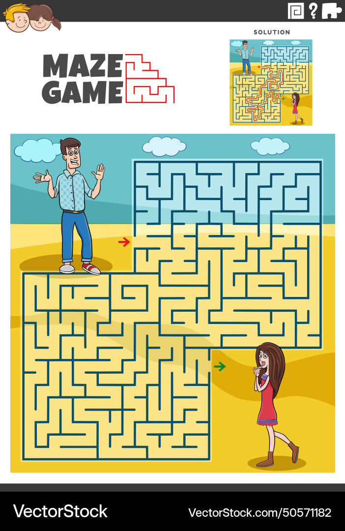Maze game activity with cartoon young couple Vector Image