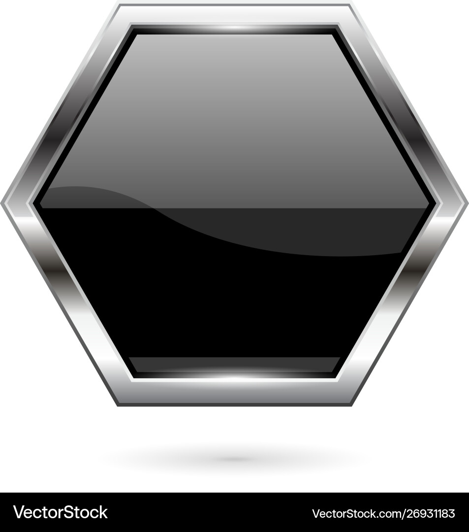 Black glass button 3d shiny hexagon icon Vector Image