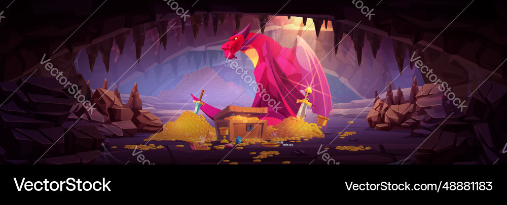 Dragon defense and guard treasure in cave Vector Image