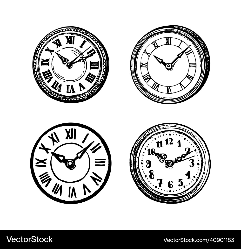 Ink sketch of clock dial faces Royalty Free Vector Image
