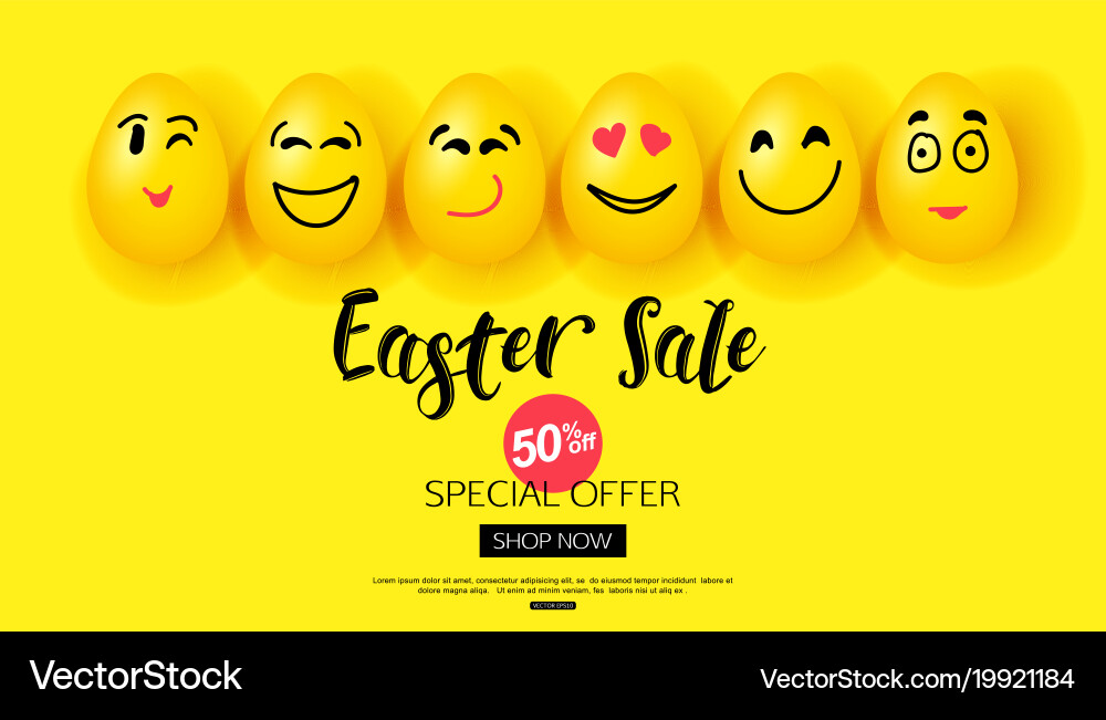 Easter sale background with cartoon smiling eggs Vector Image