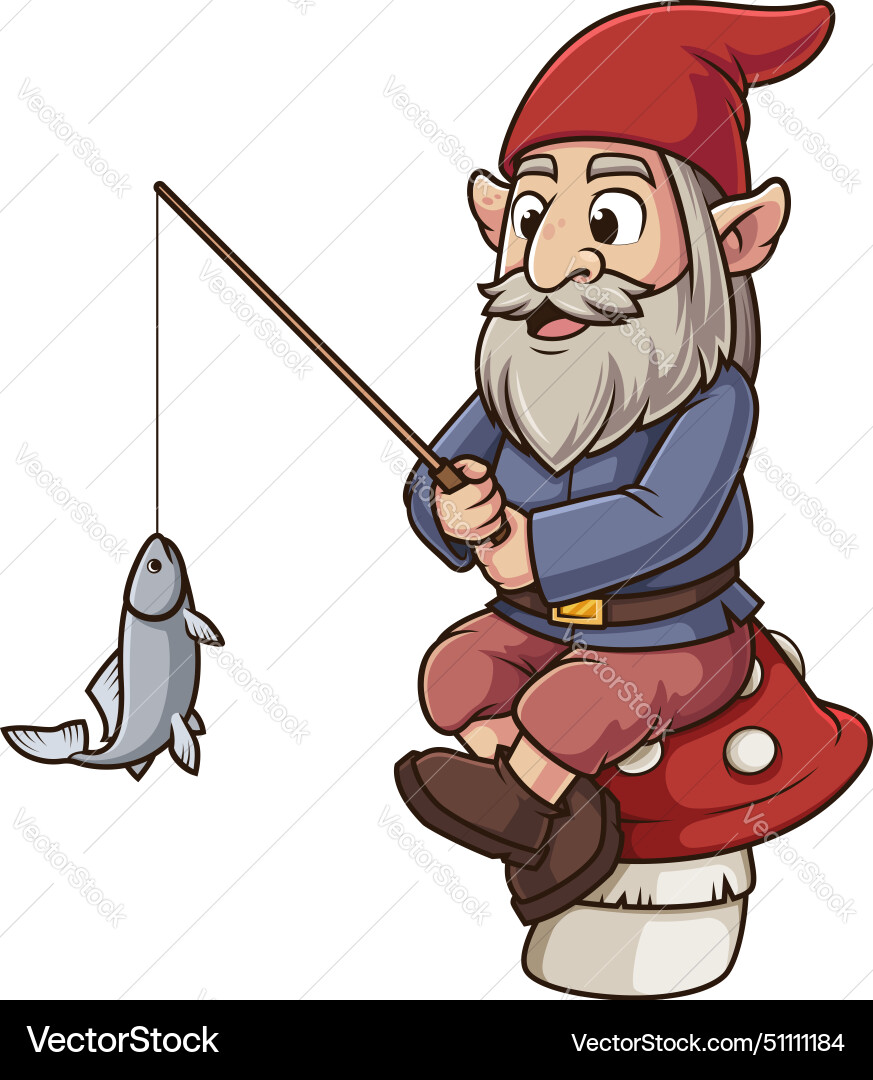 Old gnome fishing while sitting on a mushroom Vector Image