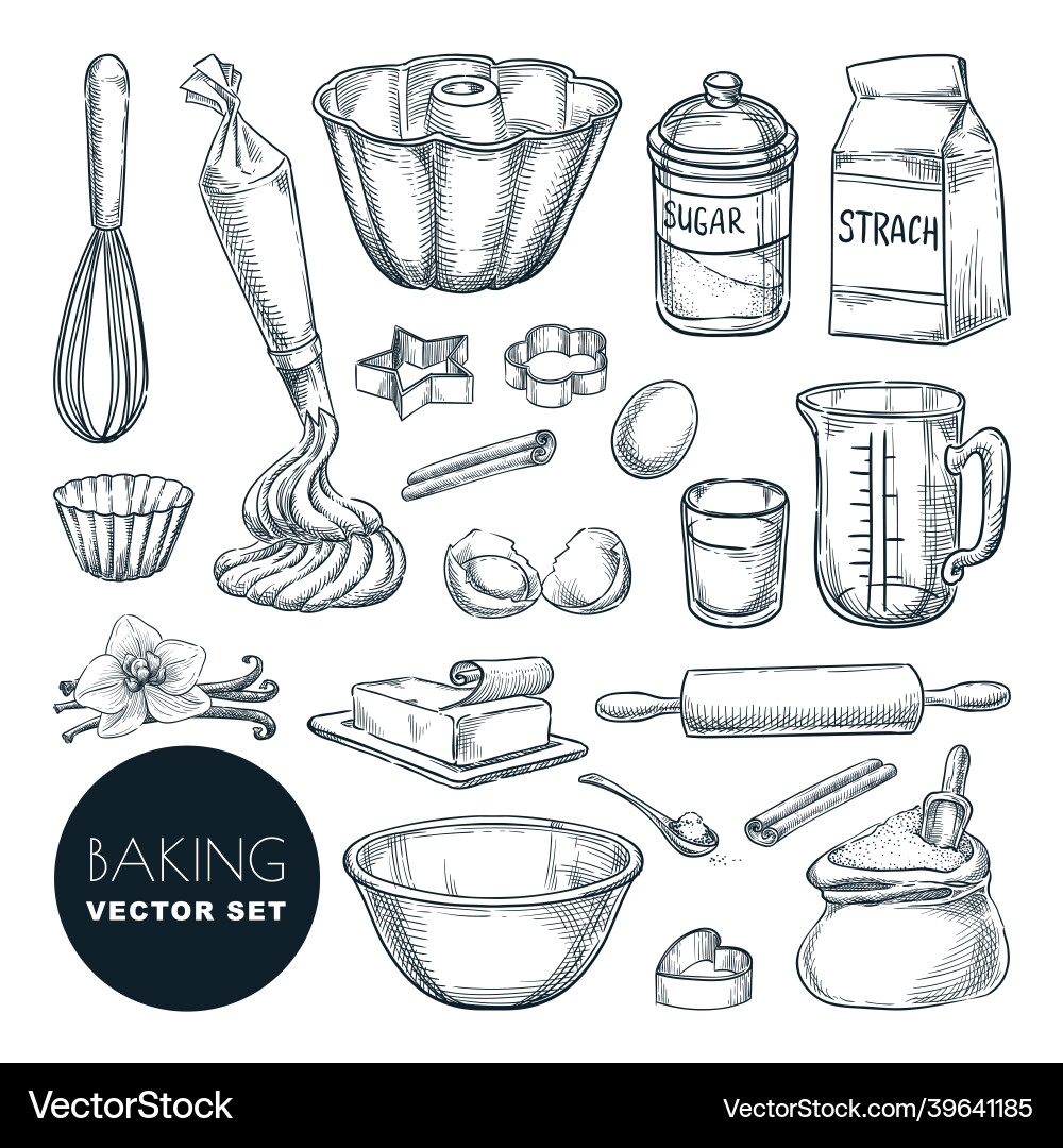 Baking ingredients and kitchen utensil icons Vector Image