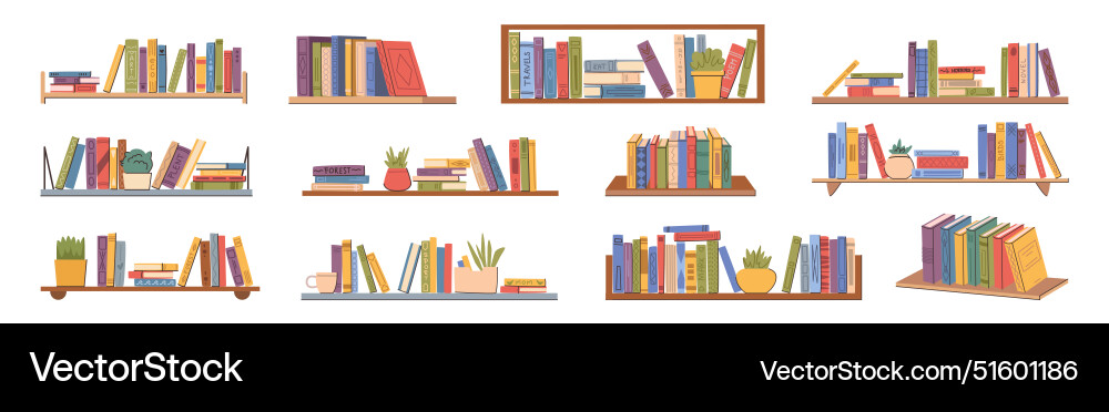 Bookshelf with books and houseplant Royalty Free Vector