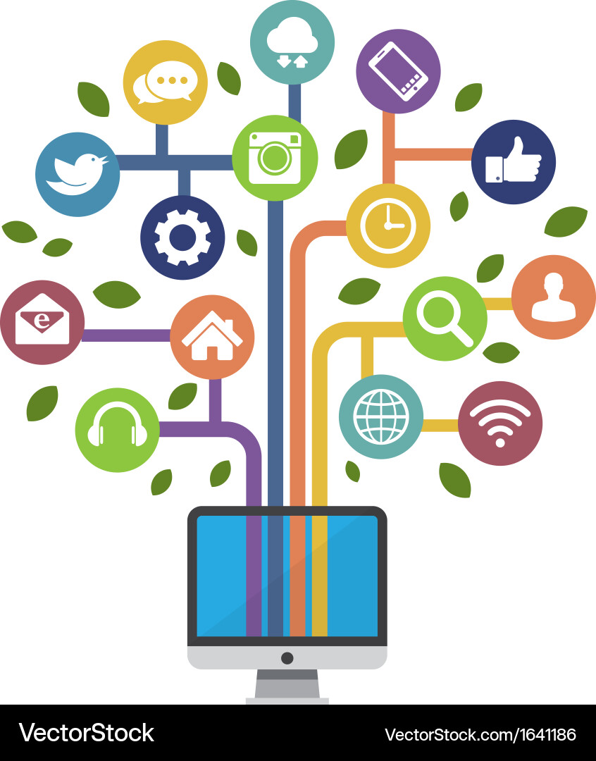 Computer with social media icons Royalty Free Vector Image