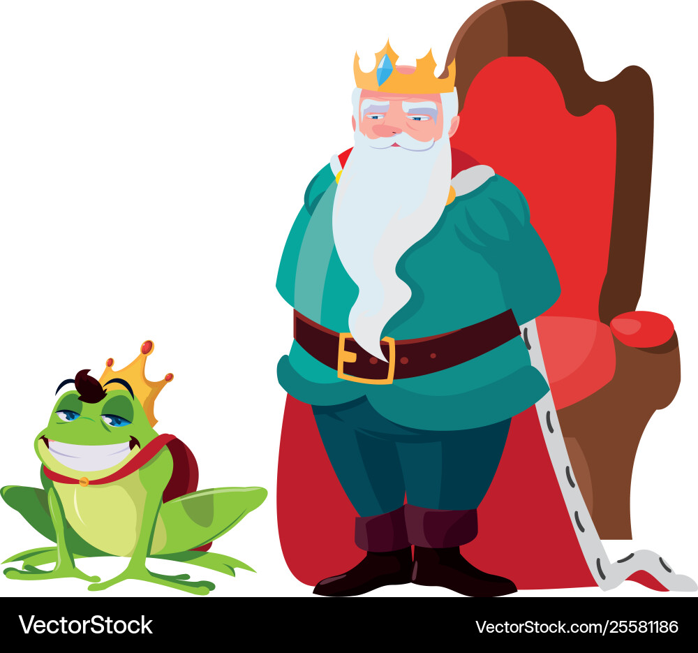 King on throne with toad prince characters Vector Image