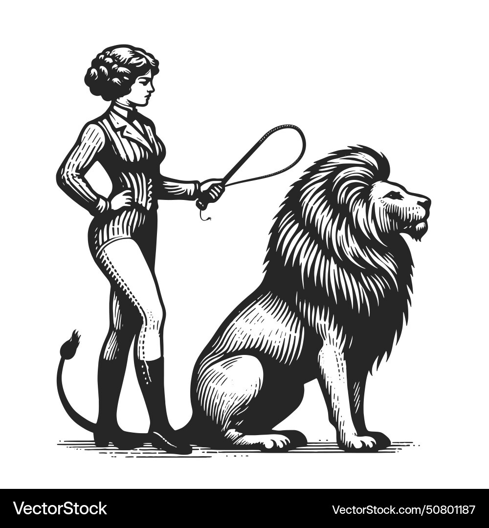Vintage circus lion tamer engraving Royalty Free Vector