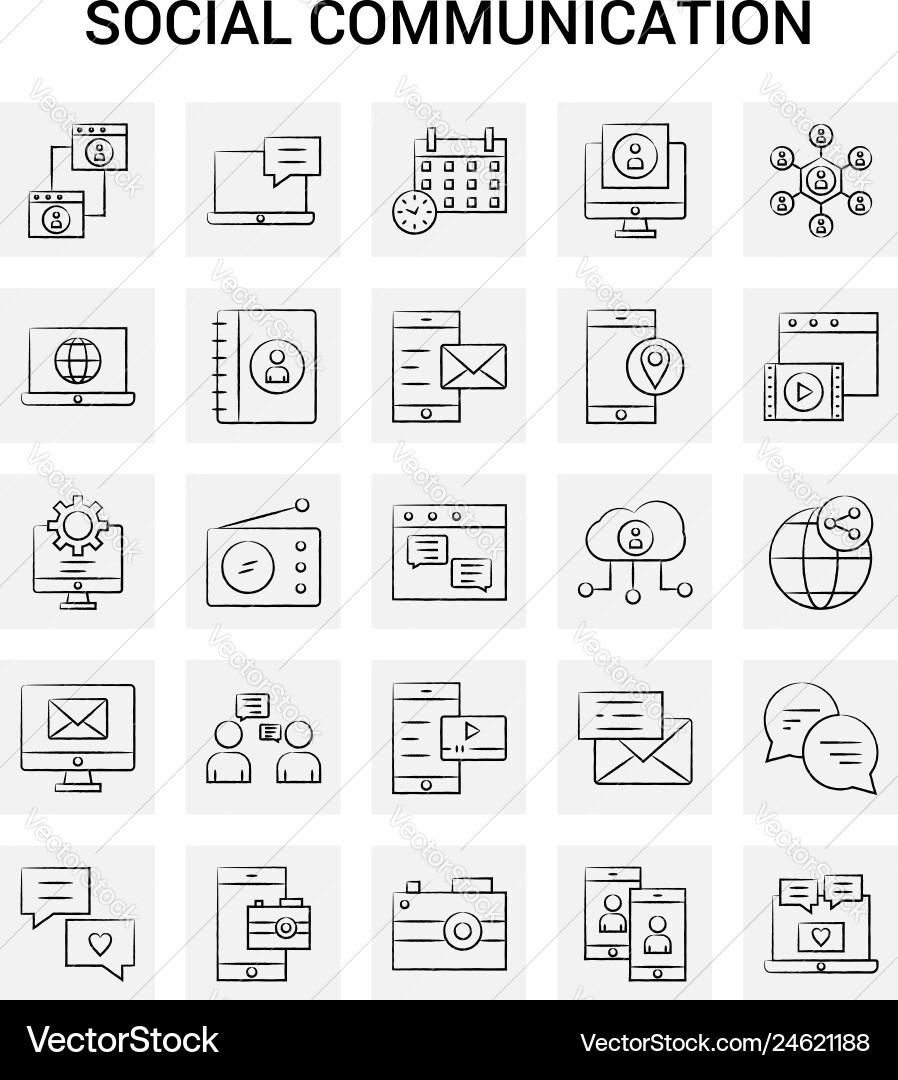 25 hand drawn social communication icon set gray Vector Image