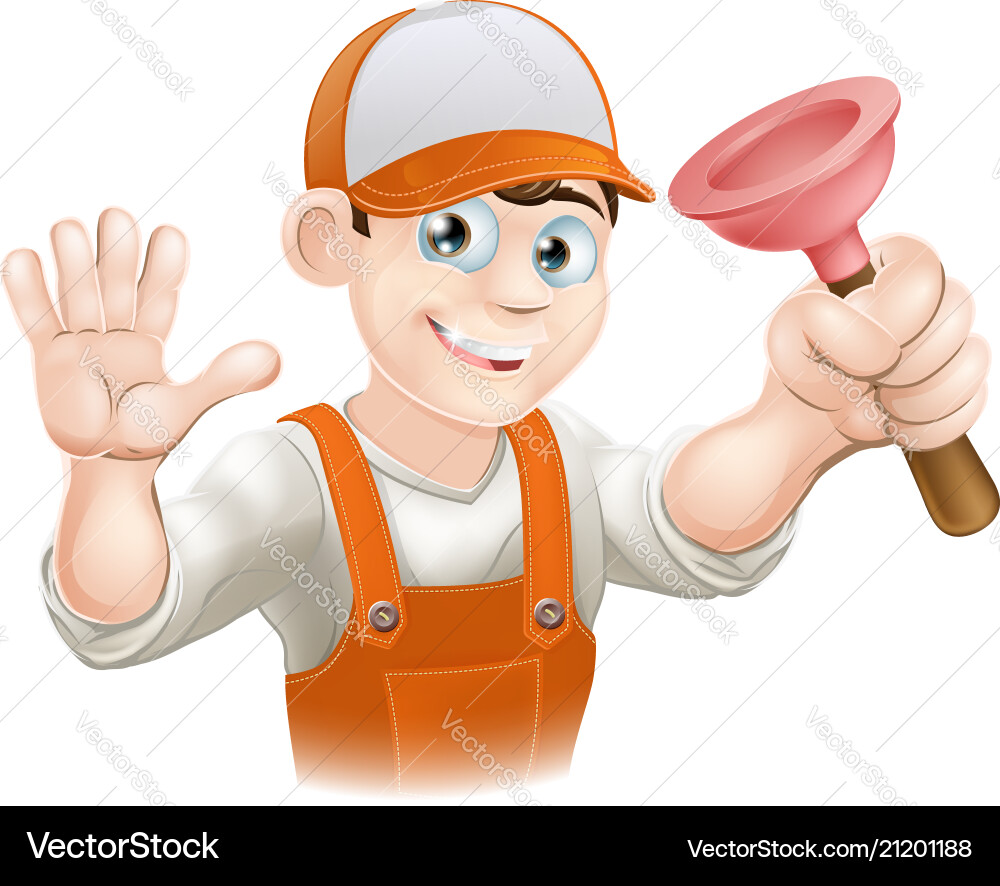 Cartoon plumber holding plunger Royalty Free Vector Image