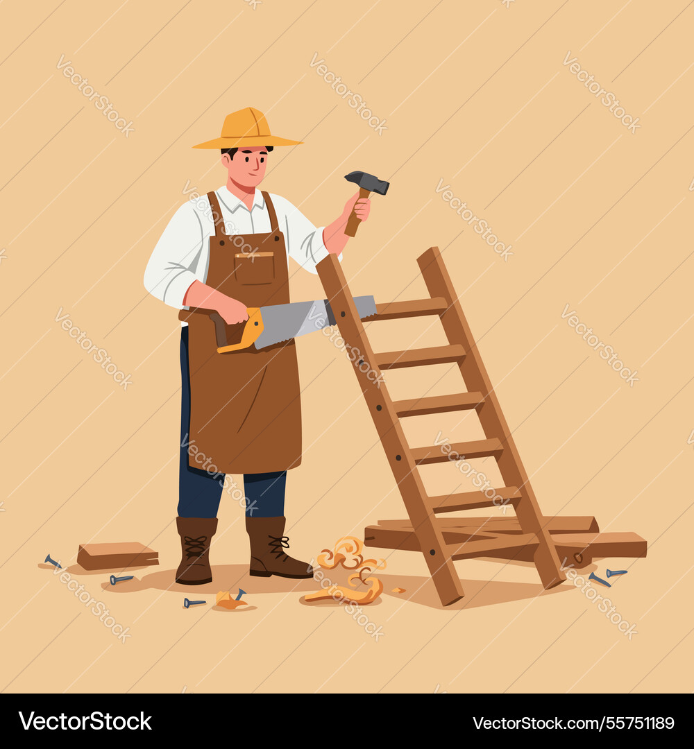 Carpenter building a wooden ladder with hammer Vector Image