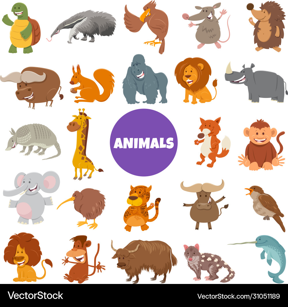 Cartoon wild animal characters big set Royalty Free Vector