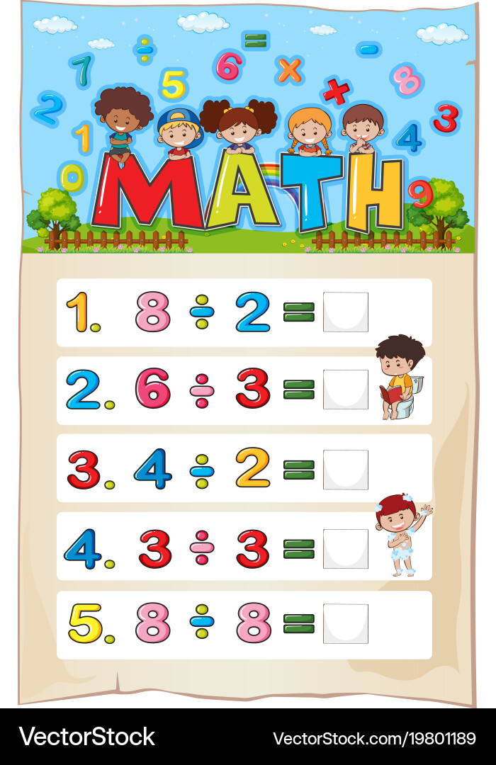Math worksheet design for division Royalty Free Vector Image