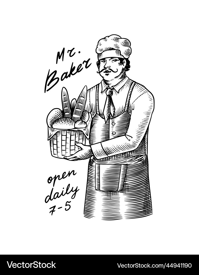 Baker with a basket of bread engraved hand drawn Vector Image