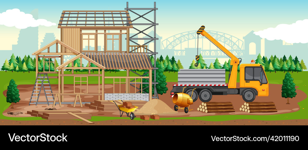Cartoon scene of building construction site Vector Image