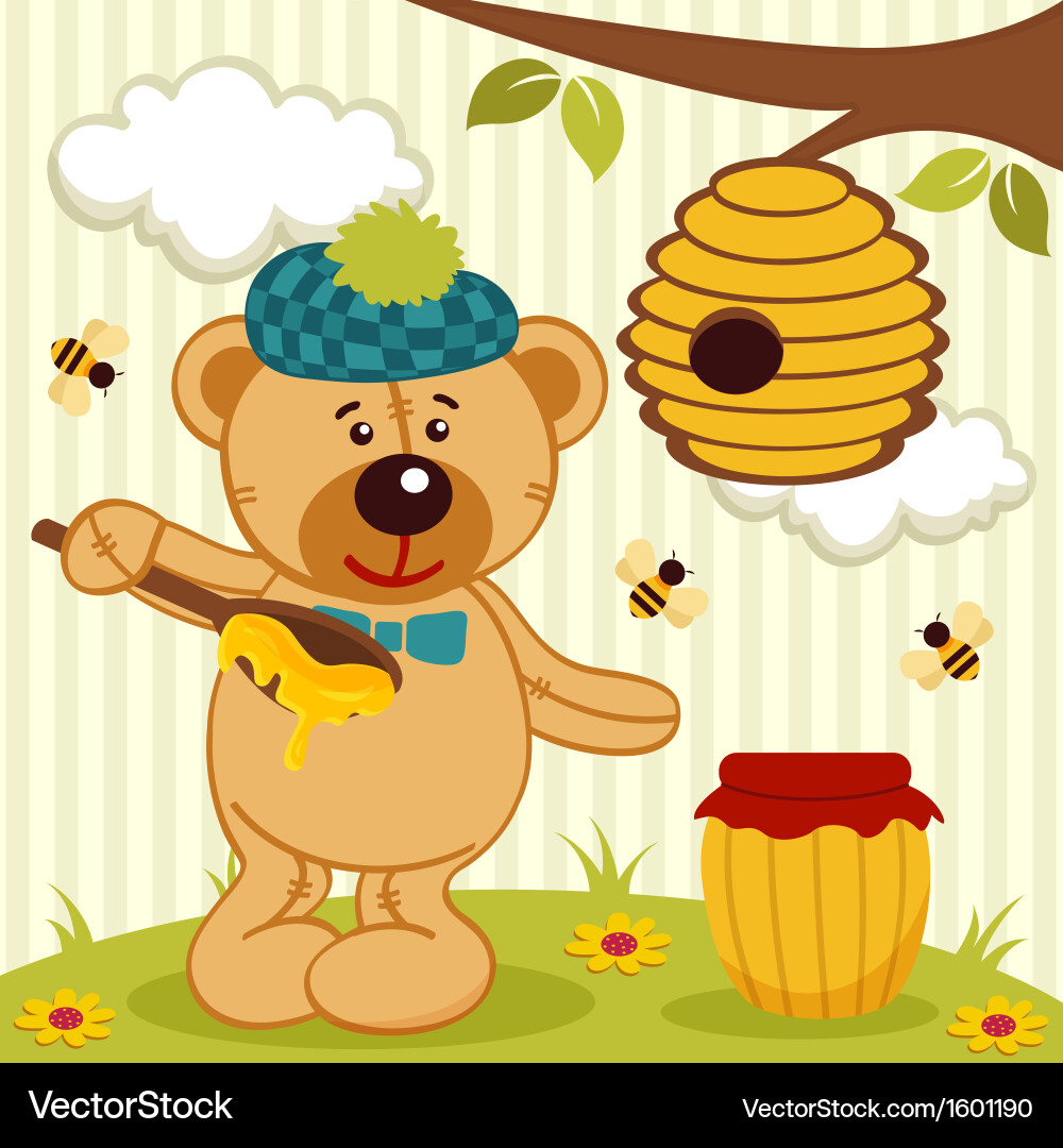 Teddy bear near beehive Royalty Free Vector Image