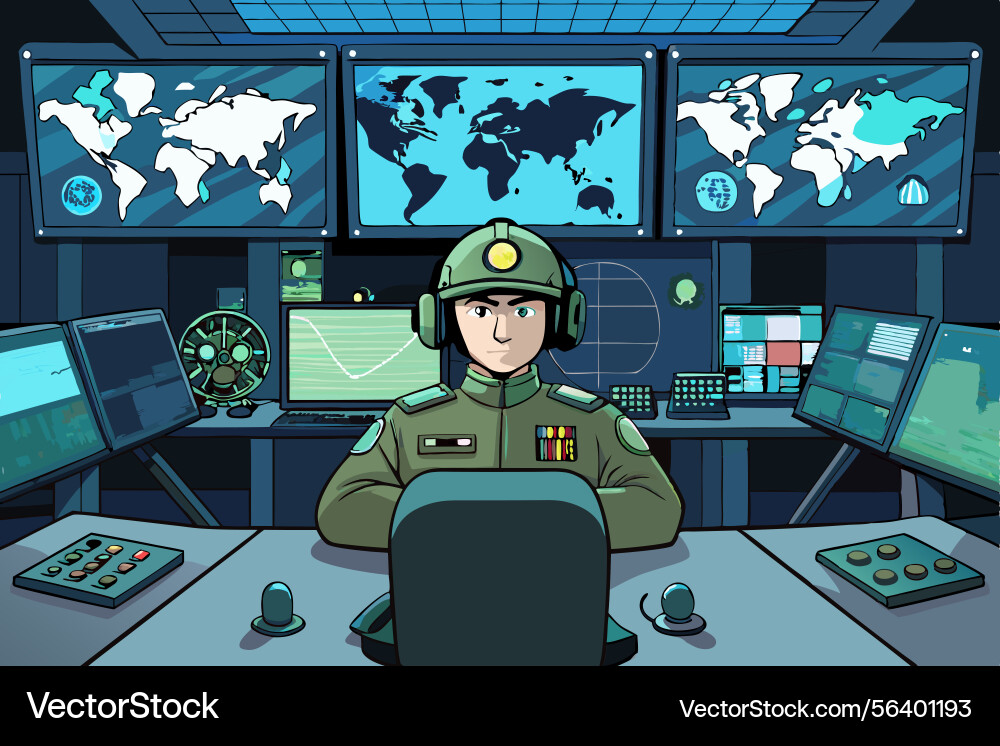 A soldier in military command center overseeing Vector Image