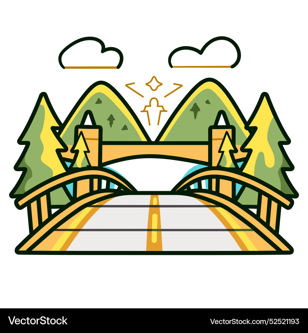 Cartoon bridge framed mountains trees under blue Vector Image